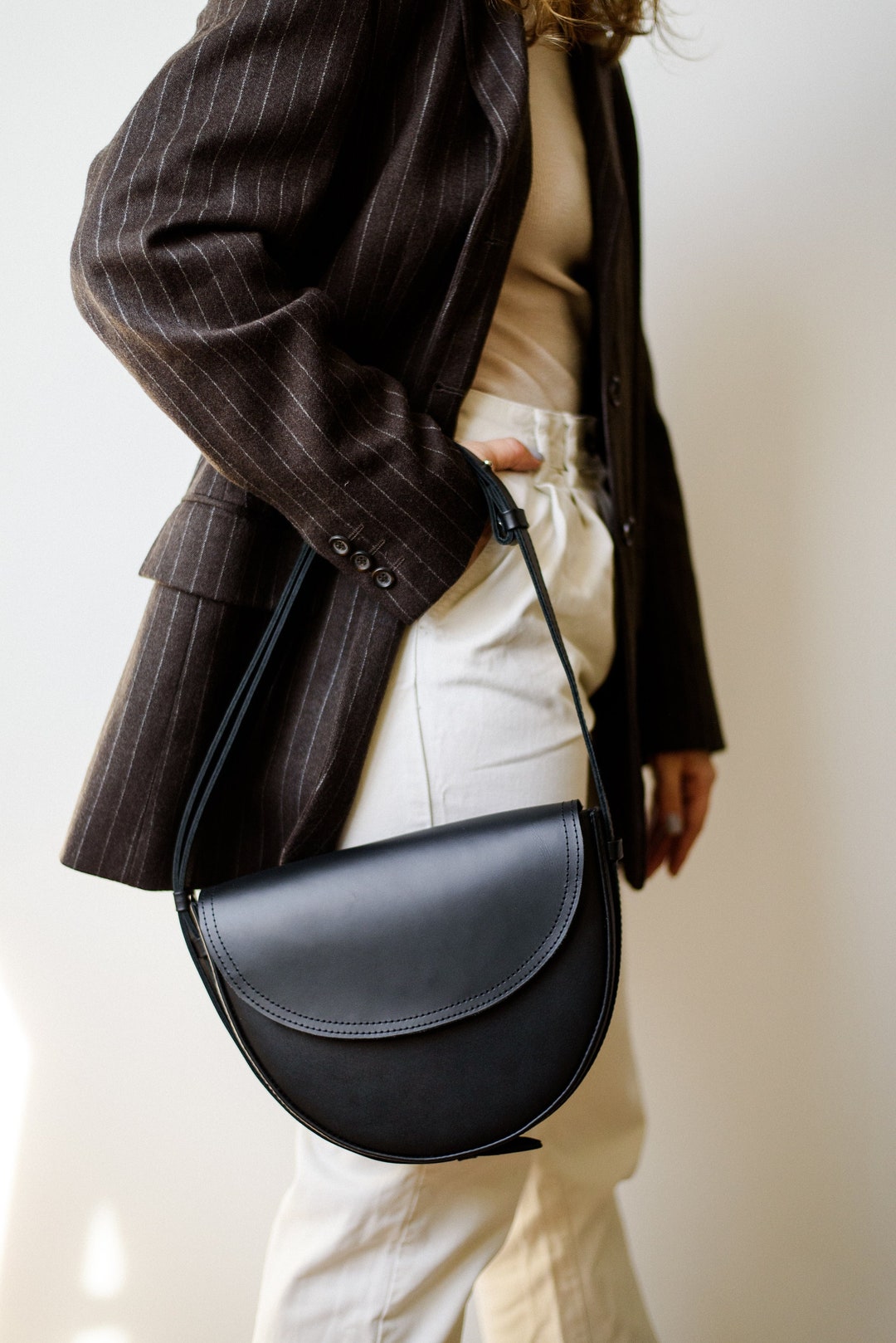 Half Moon Leather Purse, Black Shoulder Bag, Leather Crossbody Bag, Semicircular Handbag, Gift ...
