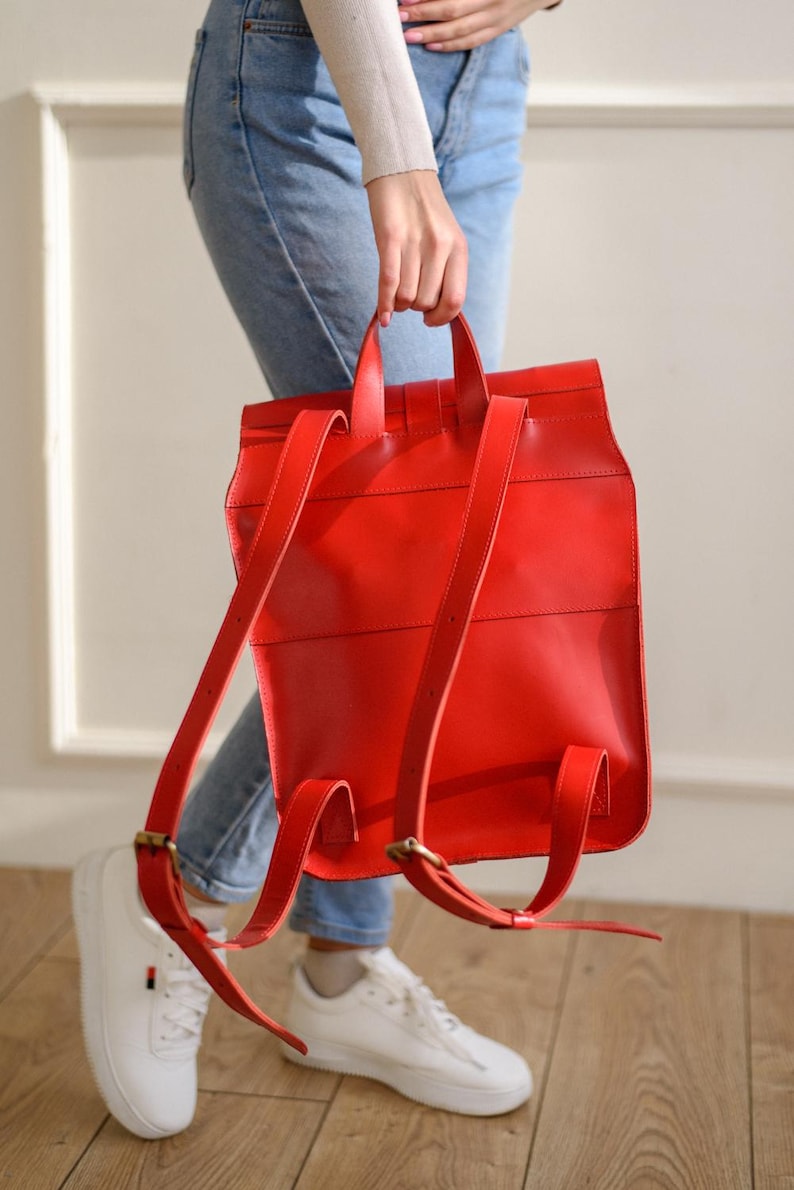 Red Leather Women Backpack, Handmade Office Rucksack, City Travel ...