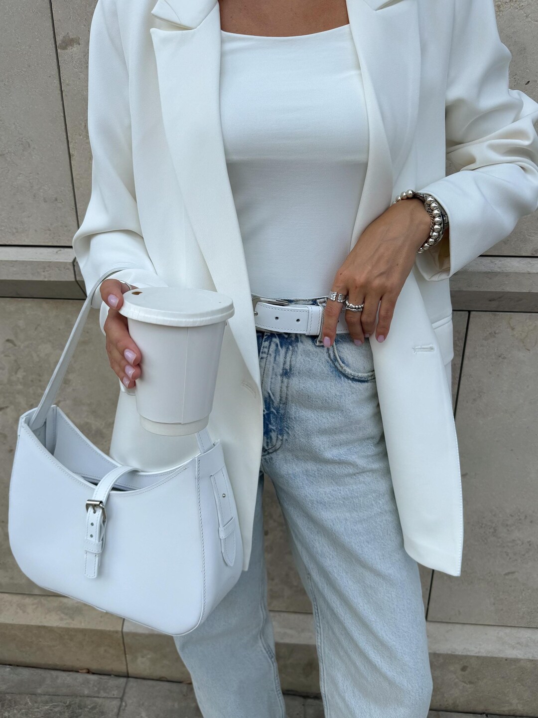 White Leather Shoulder Bag, Classic Womens Bag, Half Moon Bag ...