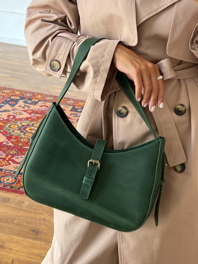 Green Leather Shoulder Bag, Leather Purse, Women Handbag, Zipper Bag ...