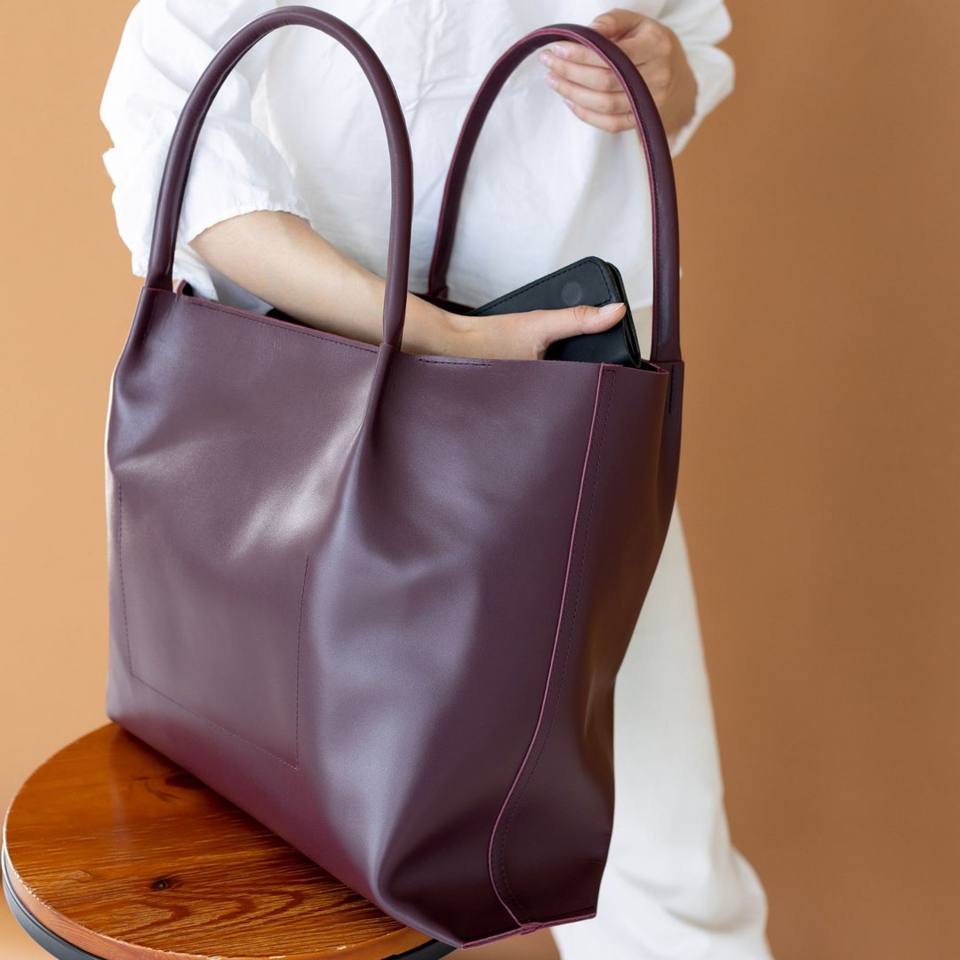 Burgundy Spacious Leather Handbag, Large Womens Shopping Bag, Shoulder ...