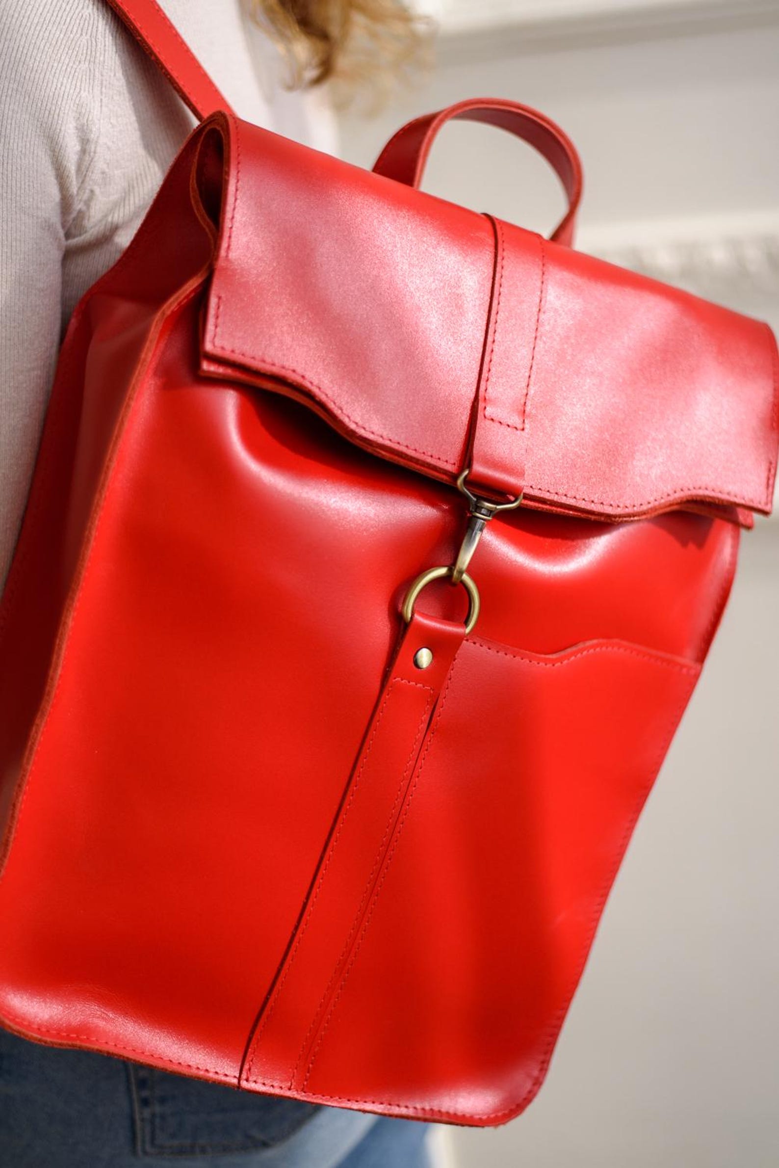 Red Leather Women Backpack, Handmade Office Rucksack, City Travel ...