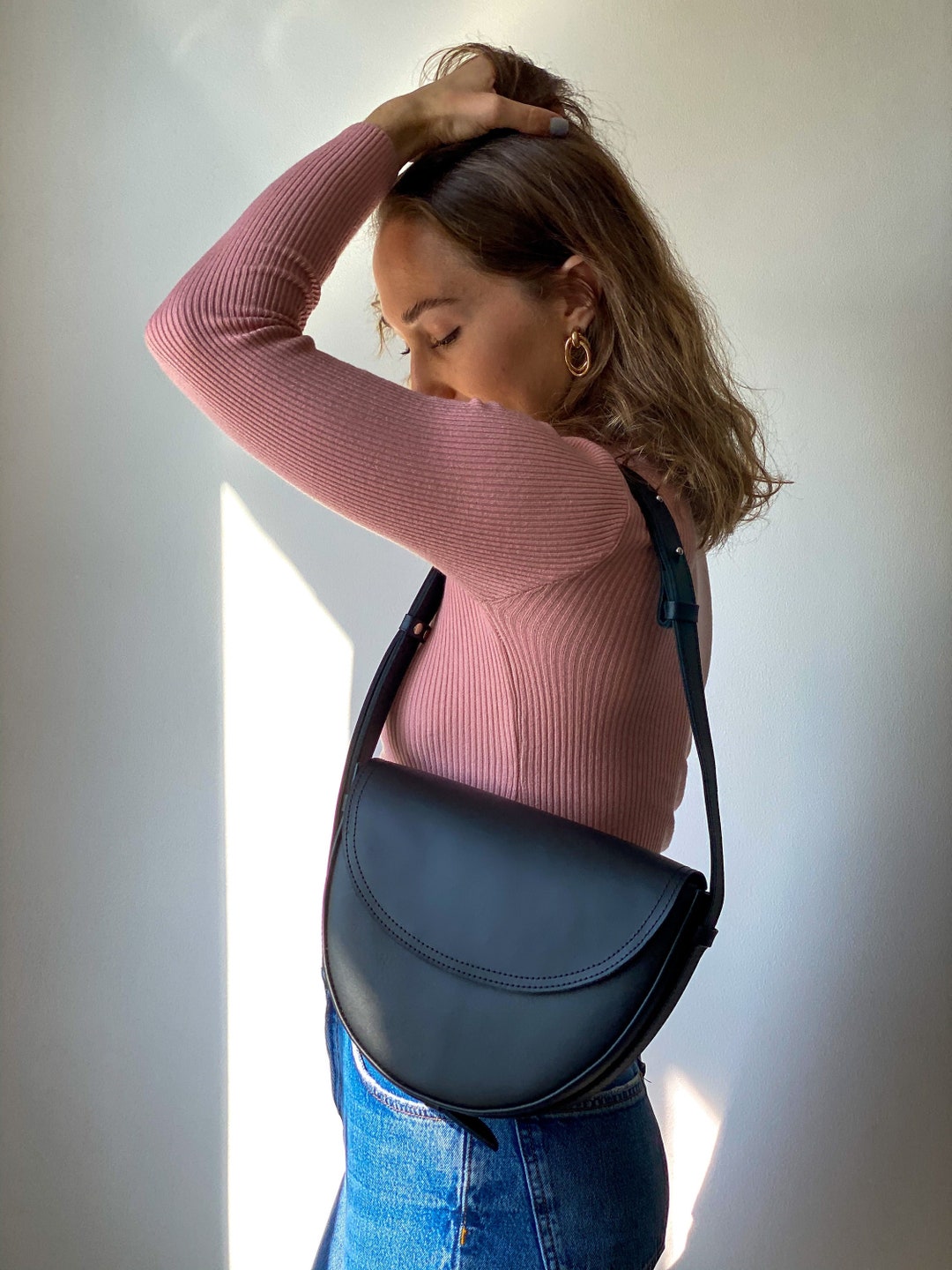 Black Leather Crescent Bag, Half Round Bag, Small Crossbody Bag, Womens ...