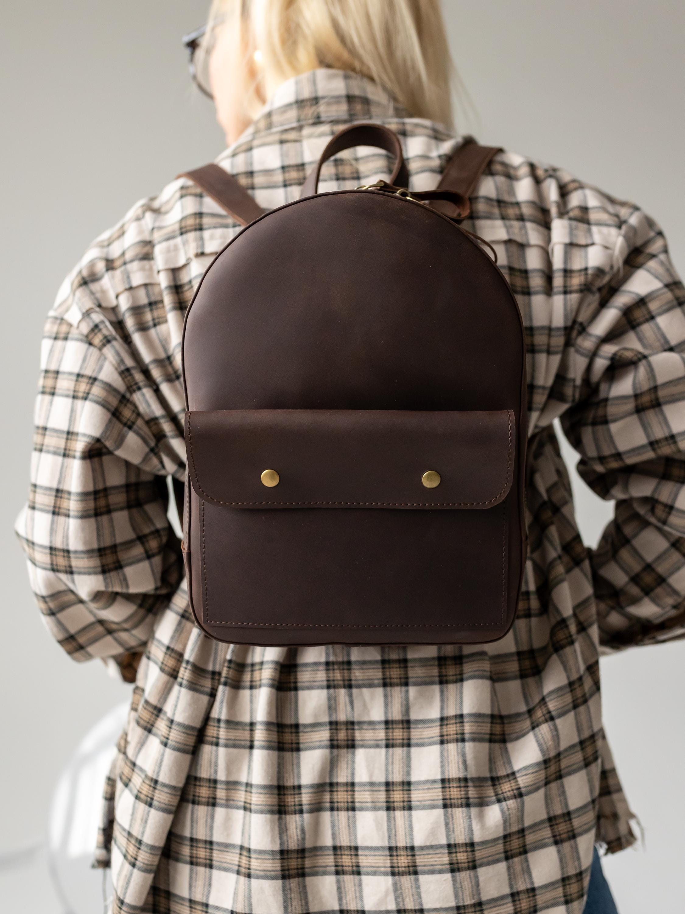 Women Mini Backpack, Leather Brown Rucksack, Small Personalized Daypack ...