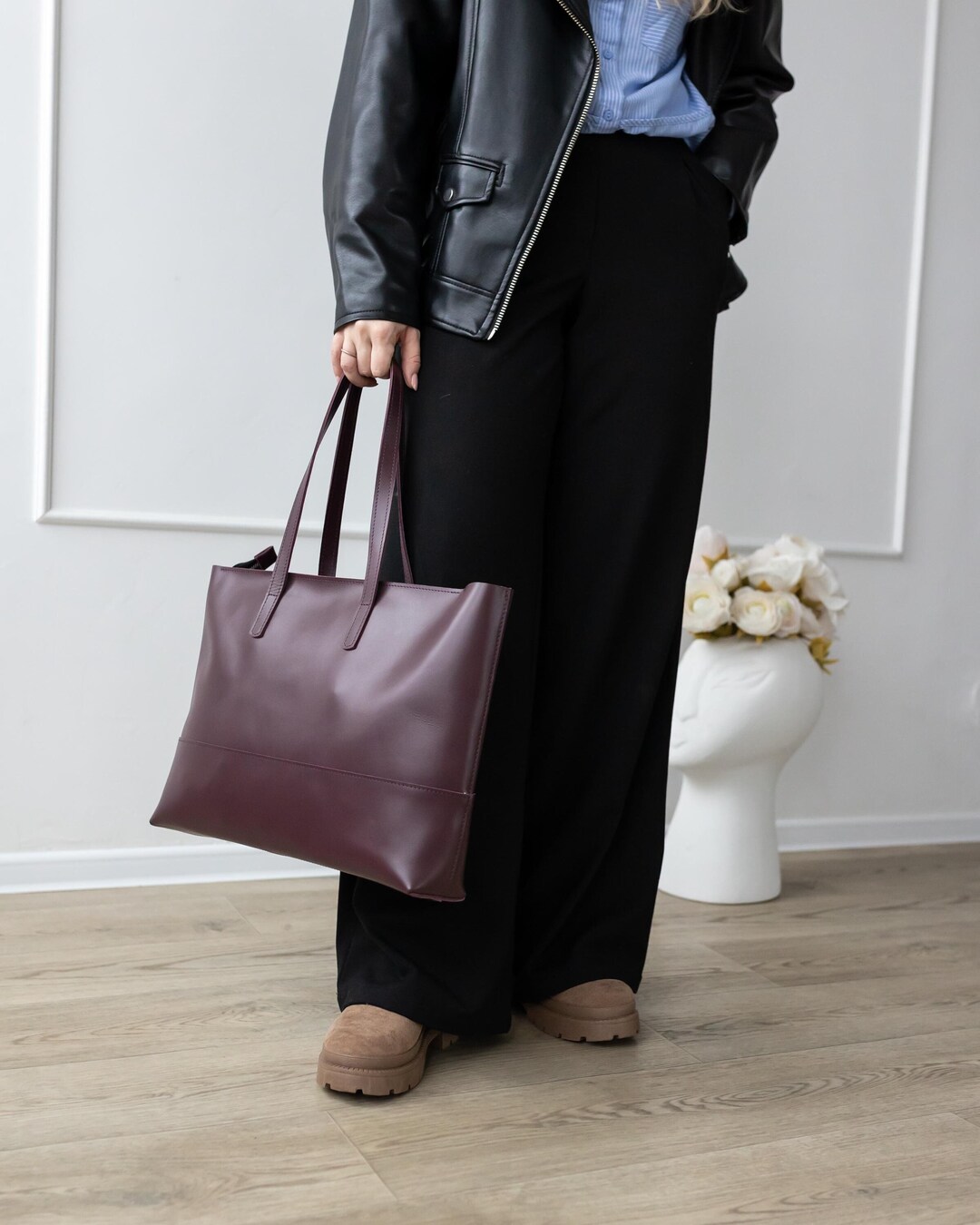 Capacious Work Bag, Leather Top Handle Purse, Shopper College Bag ...