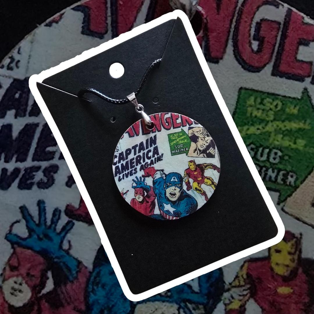 Handcrafted Wood & Captain America Comic Pendant Necklace - Black Waxed ...