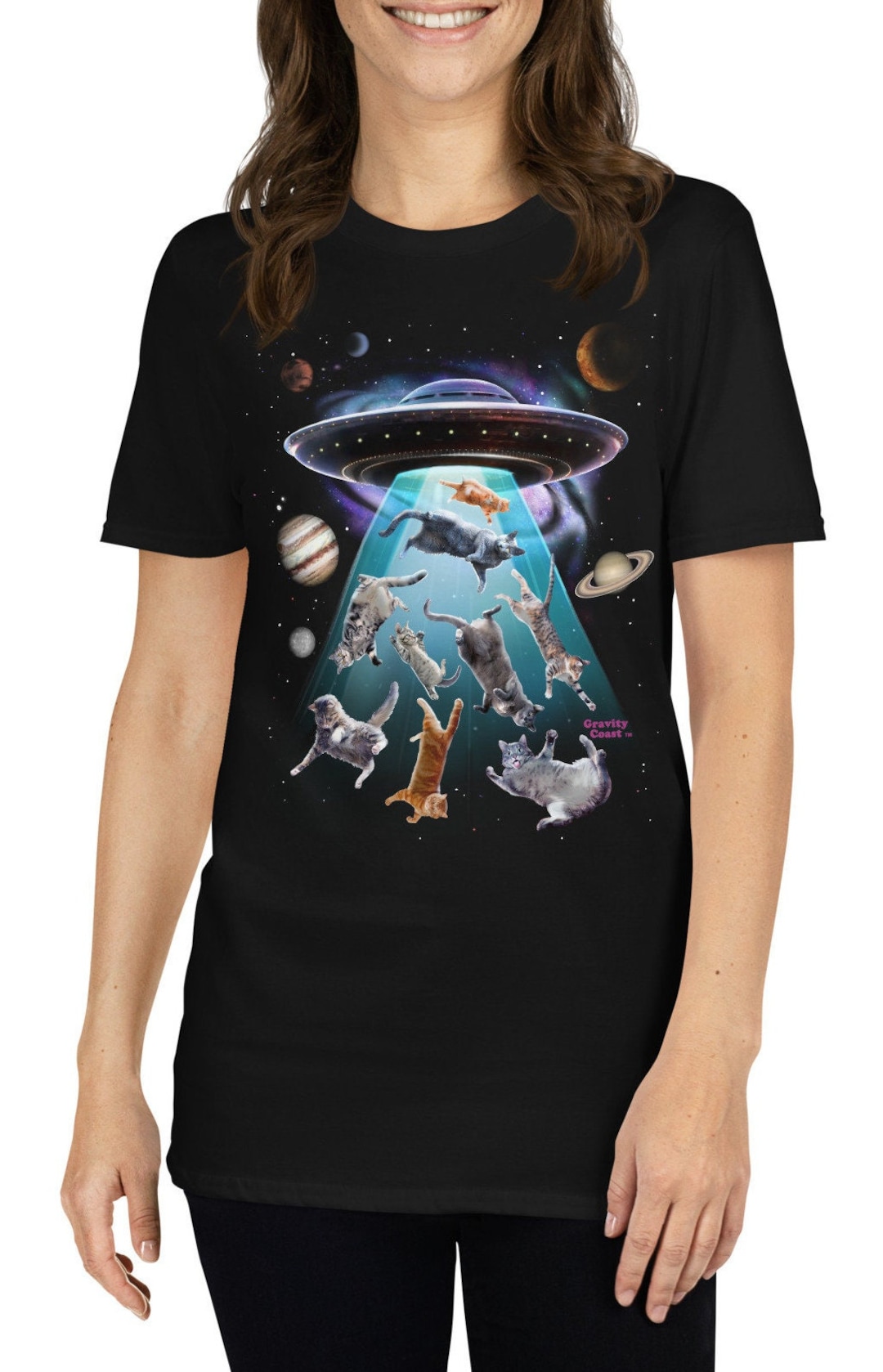 Aliens Abducting Cats Into Spaceship Cute Cat Shirt Short-sleeve Unisex ...