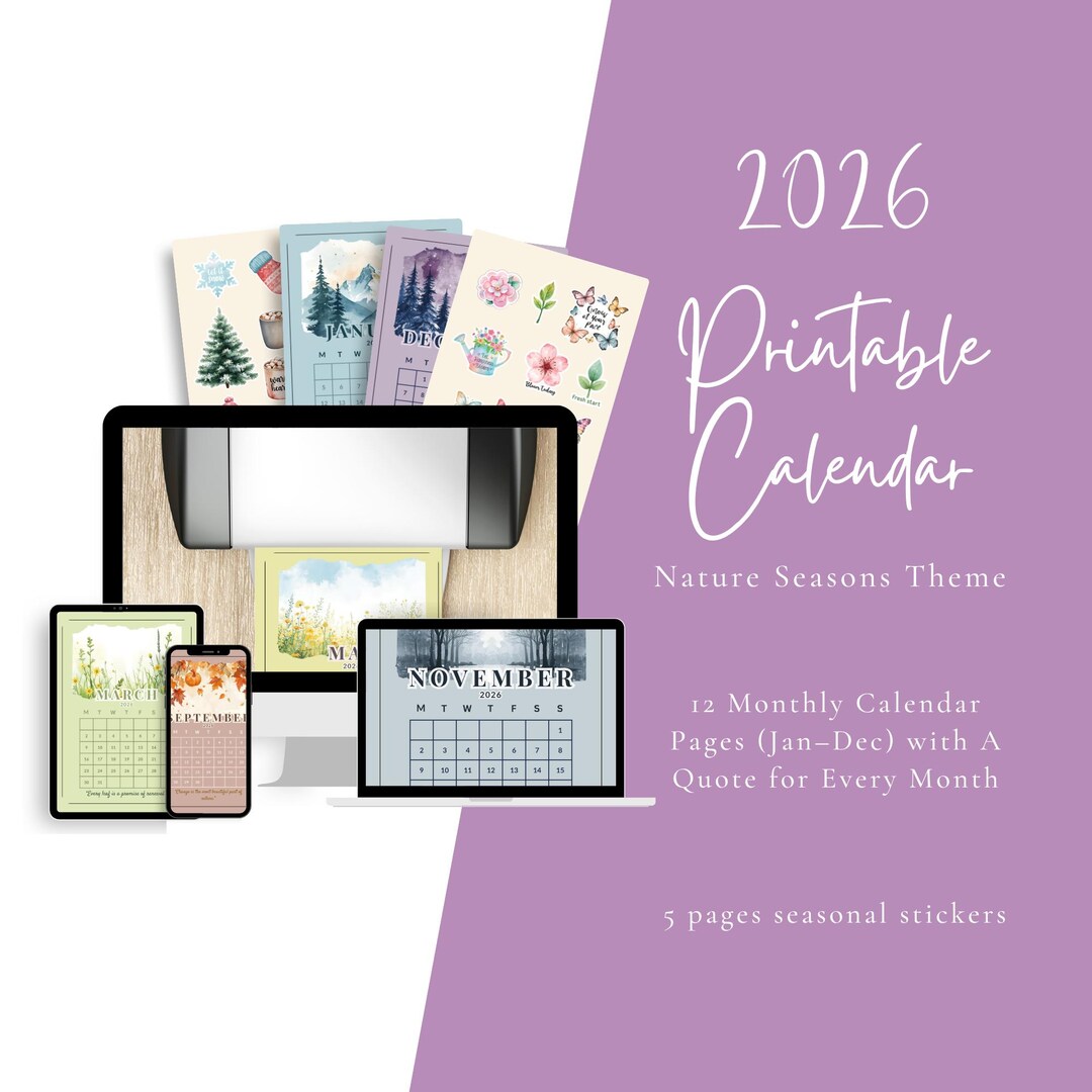 2026 Printable Calendar Nature Theme | Seasonal Watercolor Calendar ...