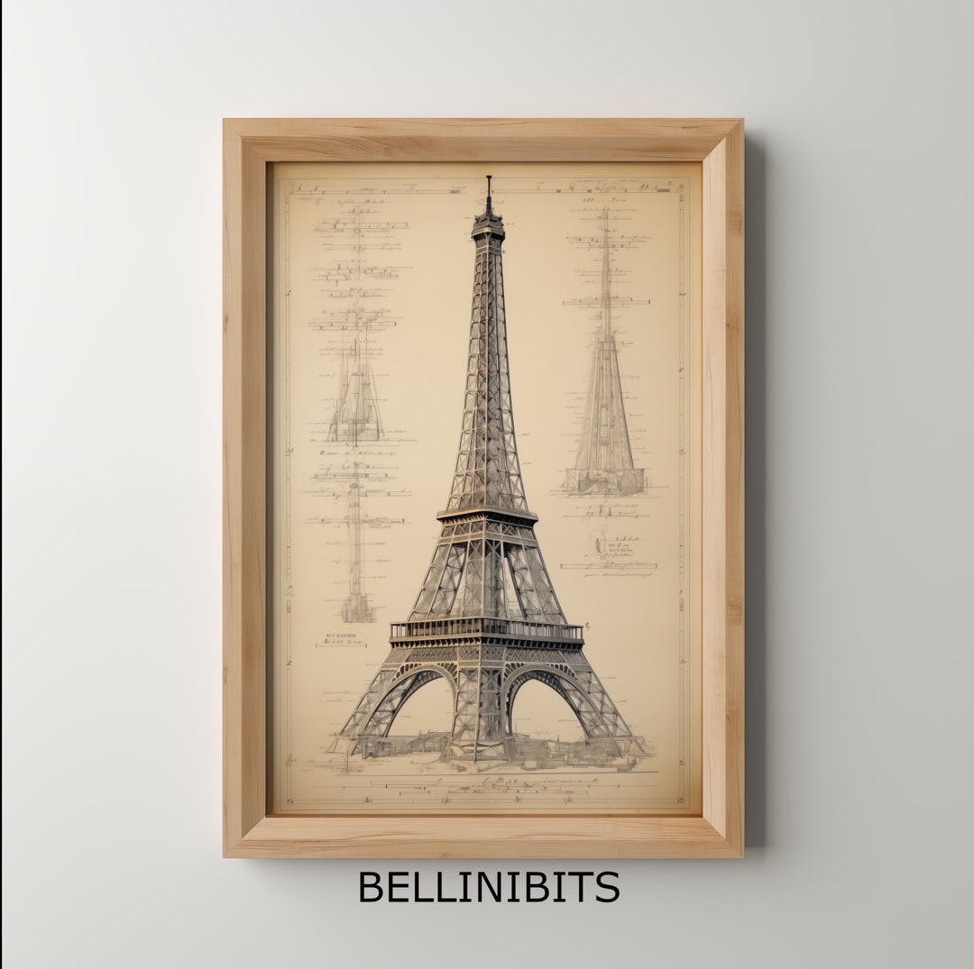Eiffel Tower Blueprint Wall Art Printable Vintage Architectural Sketch ...