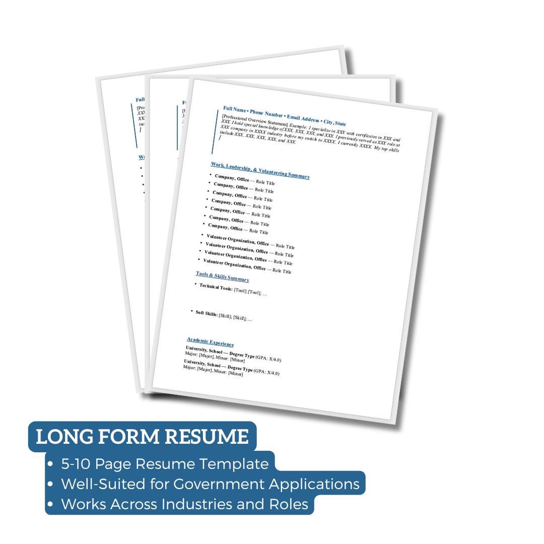 Long Form Resume Template - Etsy