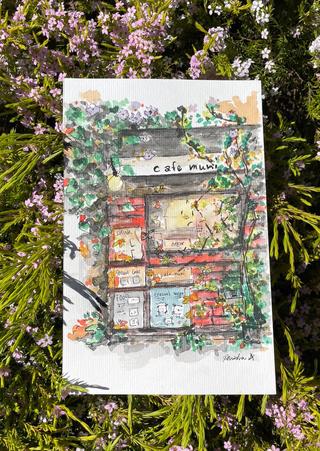 Cafe Muni- Thailand Art in Watercolor Store Front in Thailand, Signed ...