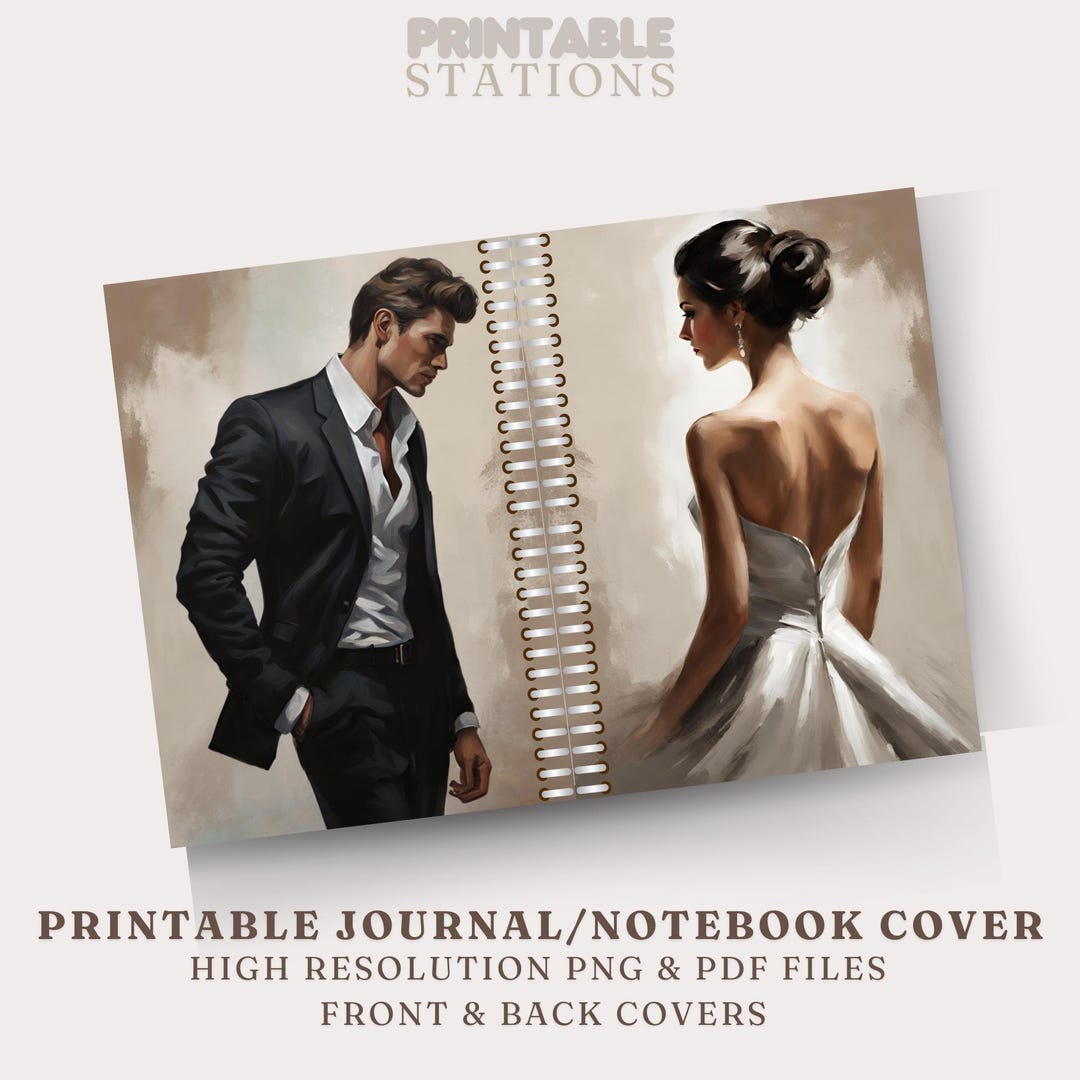 Printable Journal Cover, Bride and Groom Notebook Cover Set, Elegant ...