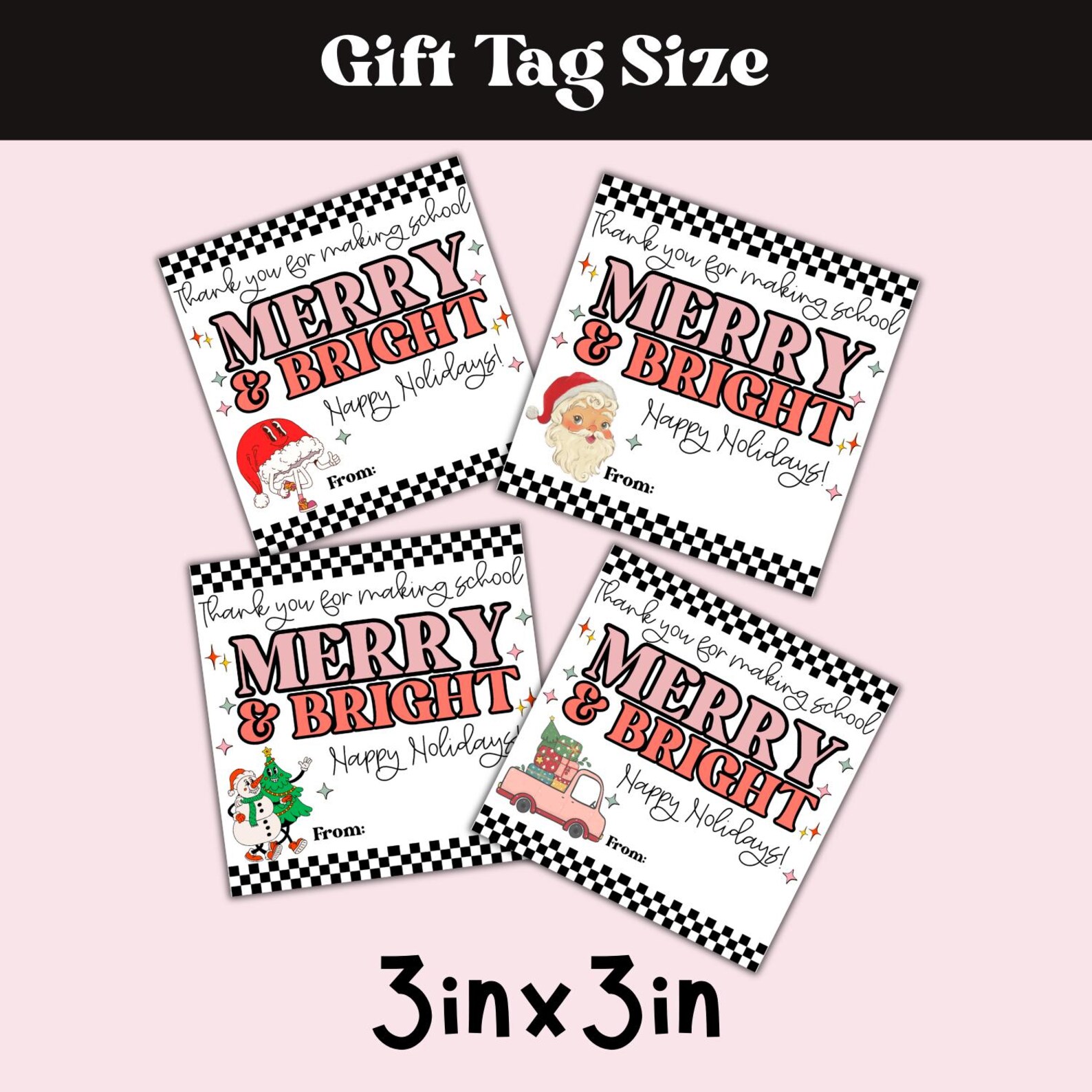 Merry and Bright Christmas Gift Tags, Retro Holiday Set (PDF) - Etsy