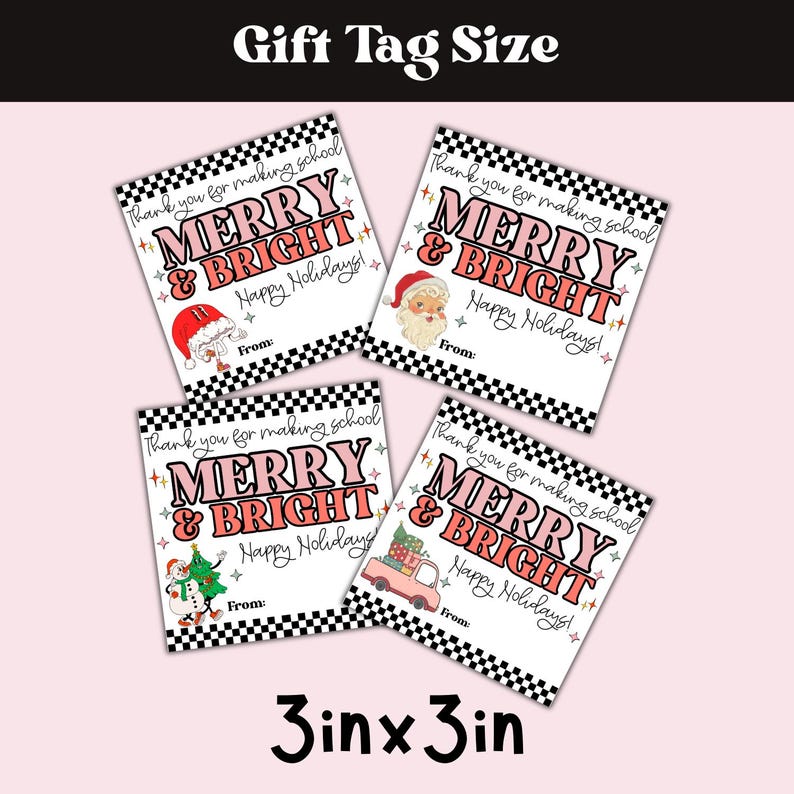 Printable Merry and Bright Gift Tags, Set of 4, Teacher Gift Tags ...