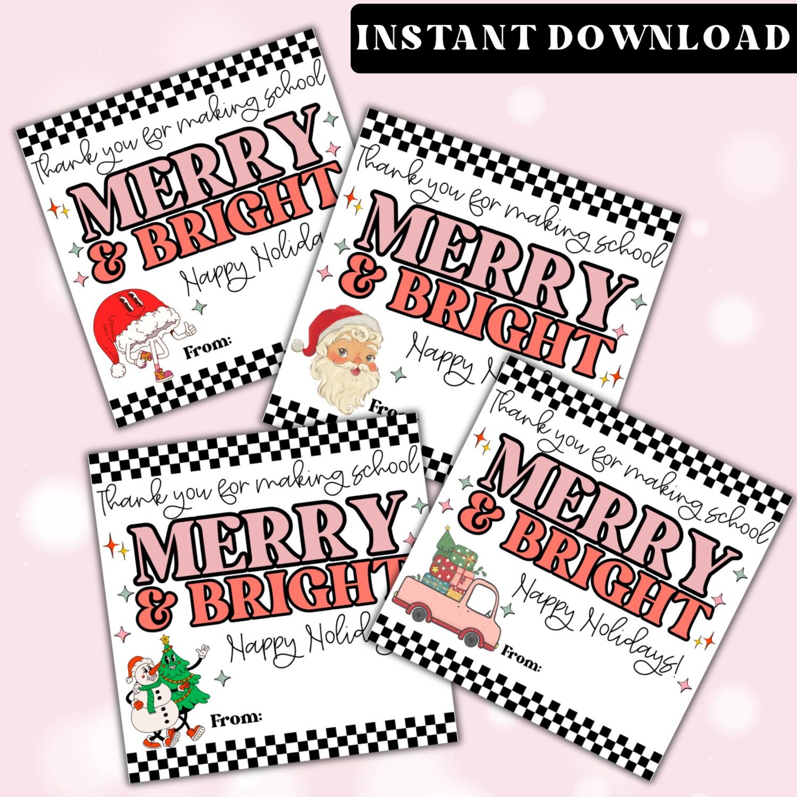 Merry and Bright Christmas Gift Tags, Retro Holiday Set (PDF) - Etsy