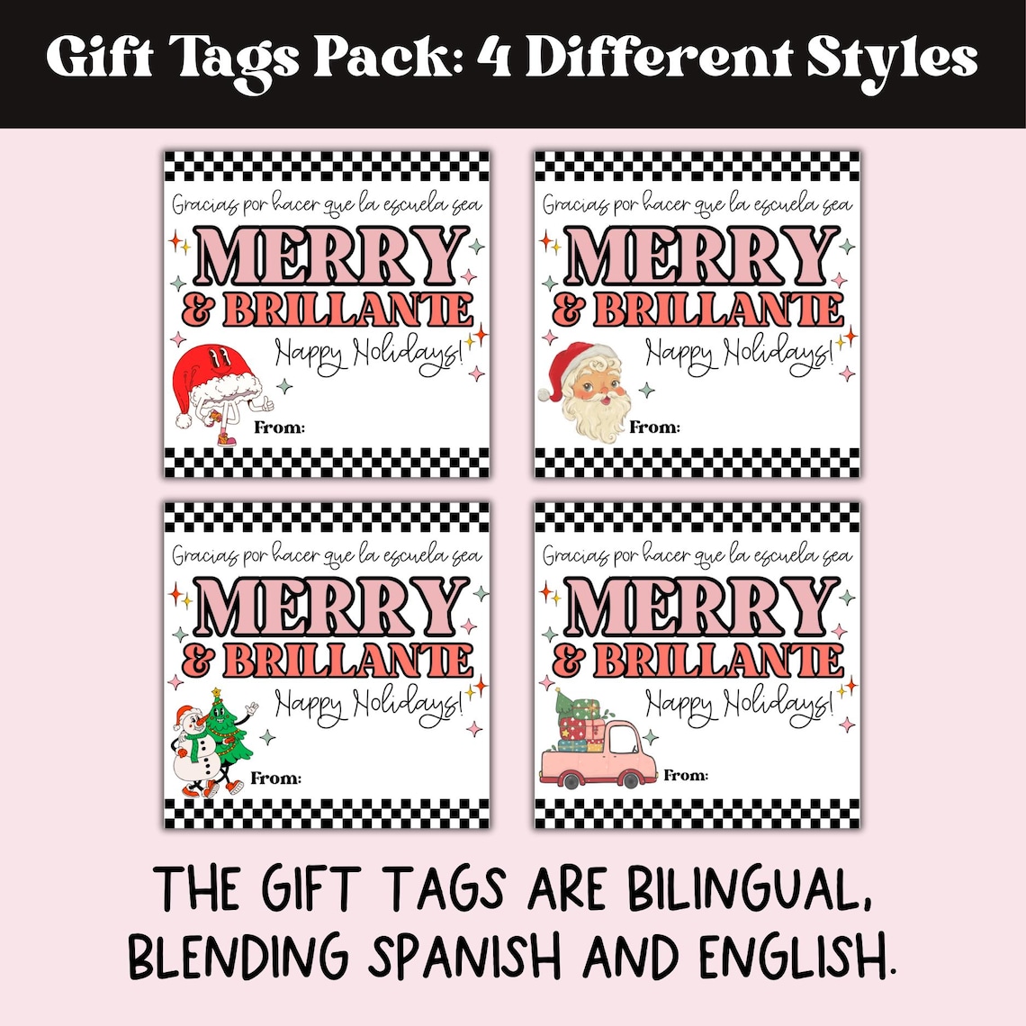 BILINGUAL - Printable Merry and Brillante Gift Tags, Set of 4, Teacher ...