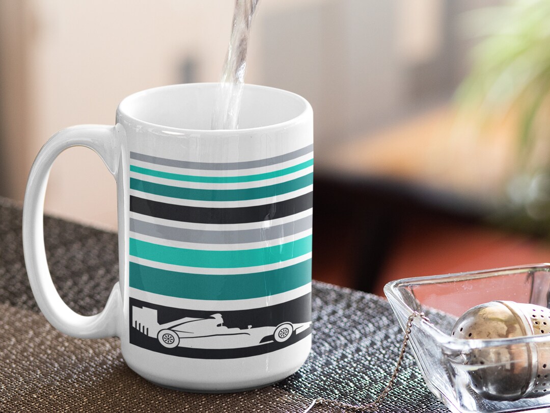 Race Car Outline Coffee Mug - Mercedes Inspired Stripes - Formula 1 Fan ...