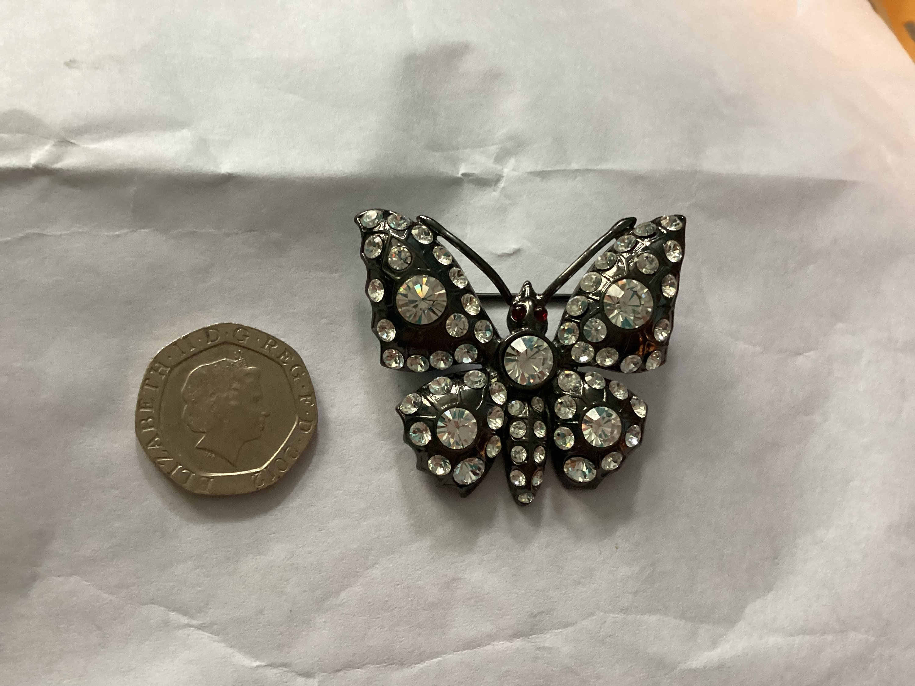 MMA Butterfly Brooch Pin Black Metal Swarovski Crystals , Red Cabochon ...