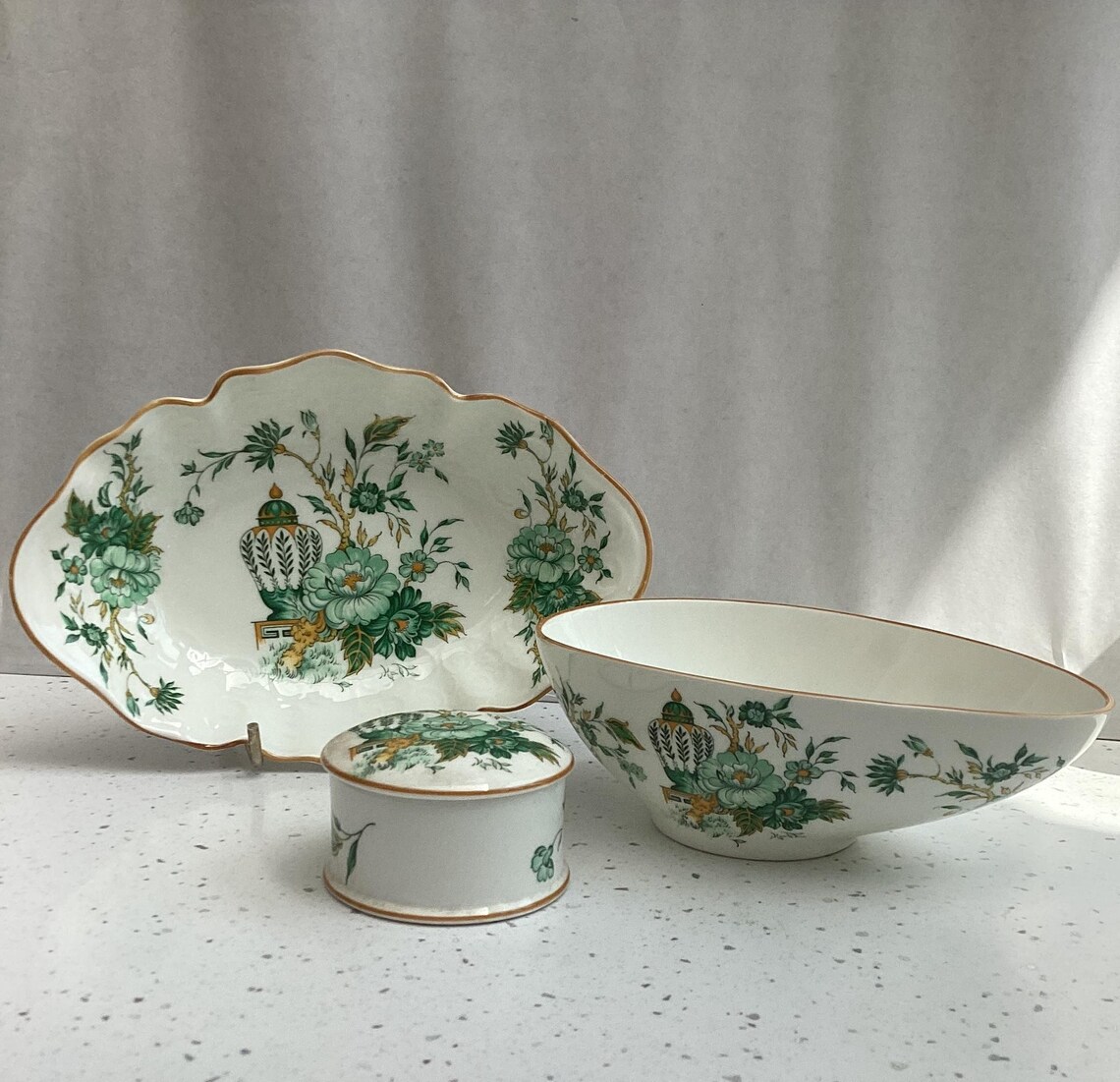 Vintage CROWN Bone China KOWLOON Trio Set, Oval Bowl, Round Lidded ...