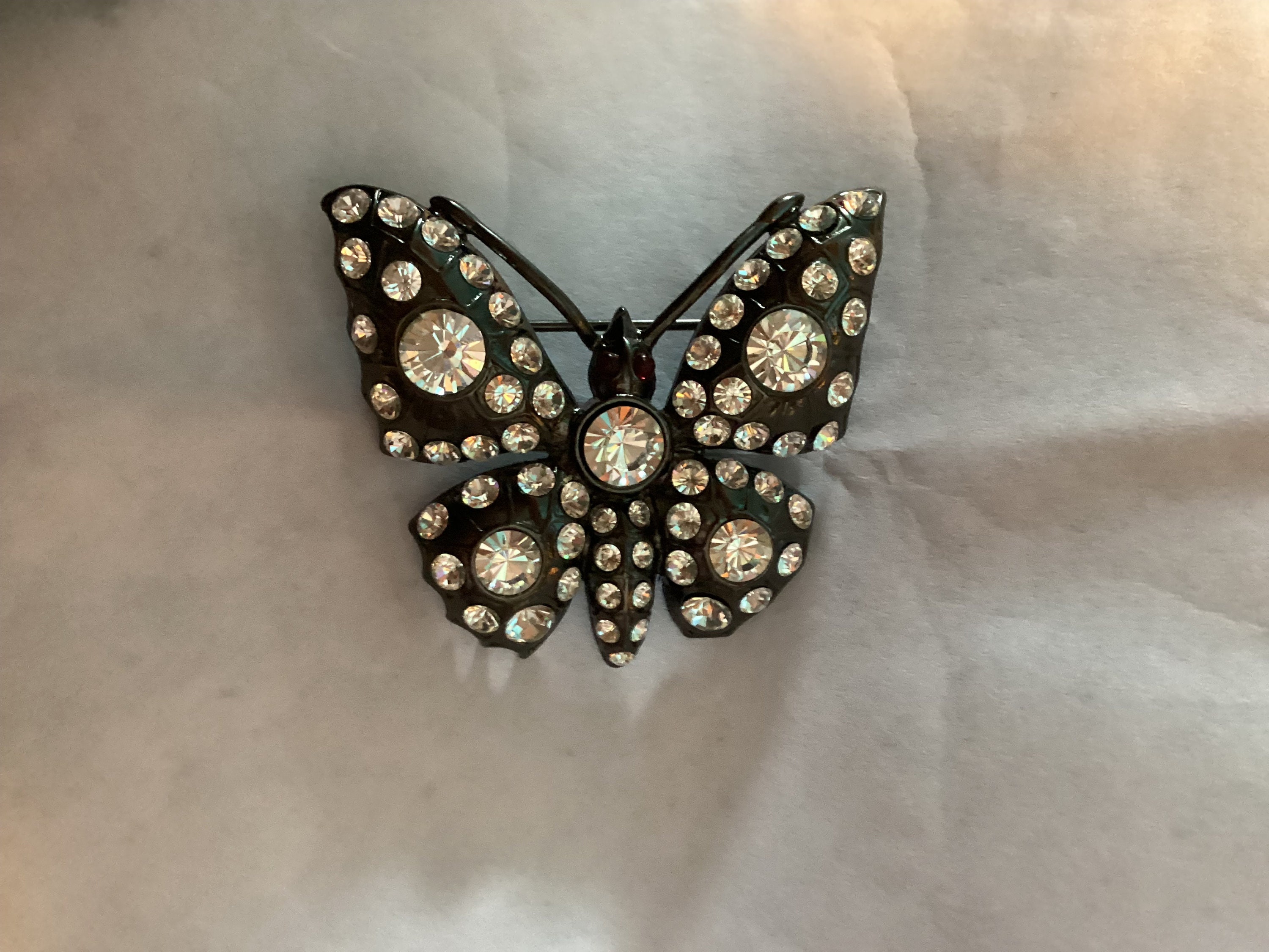 MMA Butterfly Brooch Pin Black Metal Swarovski Crystals , Red Cabochon ...