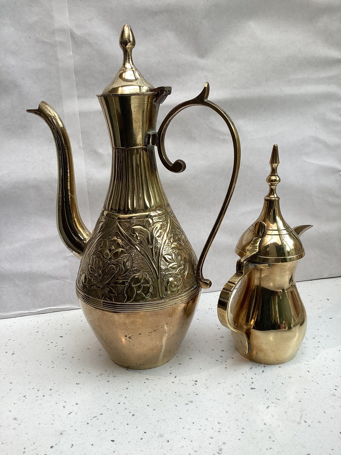 2 Vintage Brass Indian Teapots, Large and Small, Beautifully Decorated ...