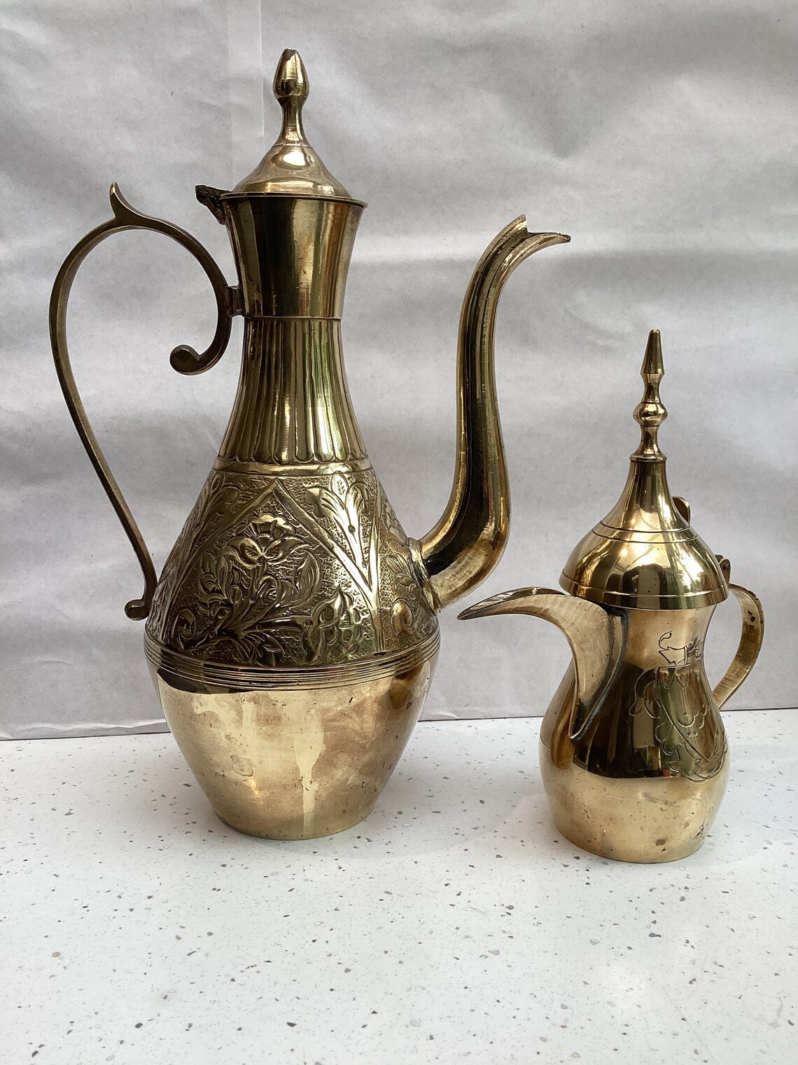 2 Vintage Brass Indian Teapots, Large and Small, Beautifully Decorated ...