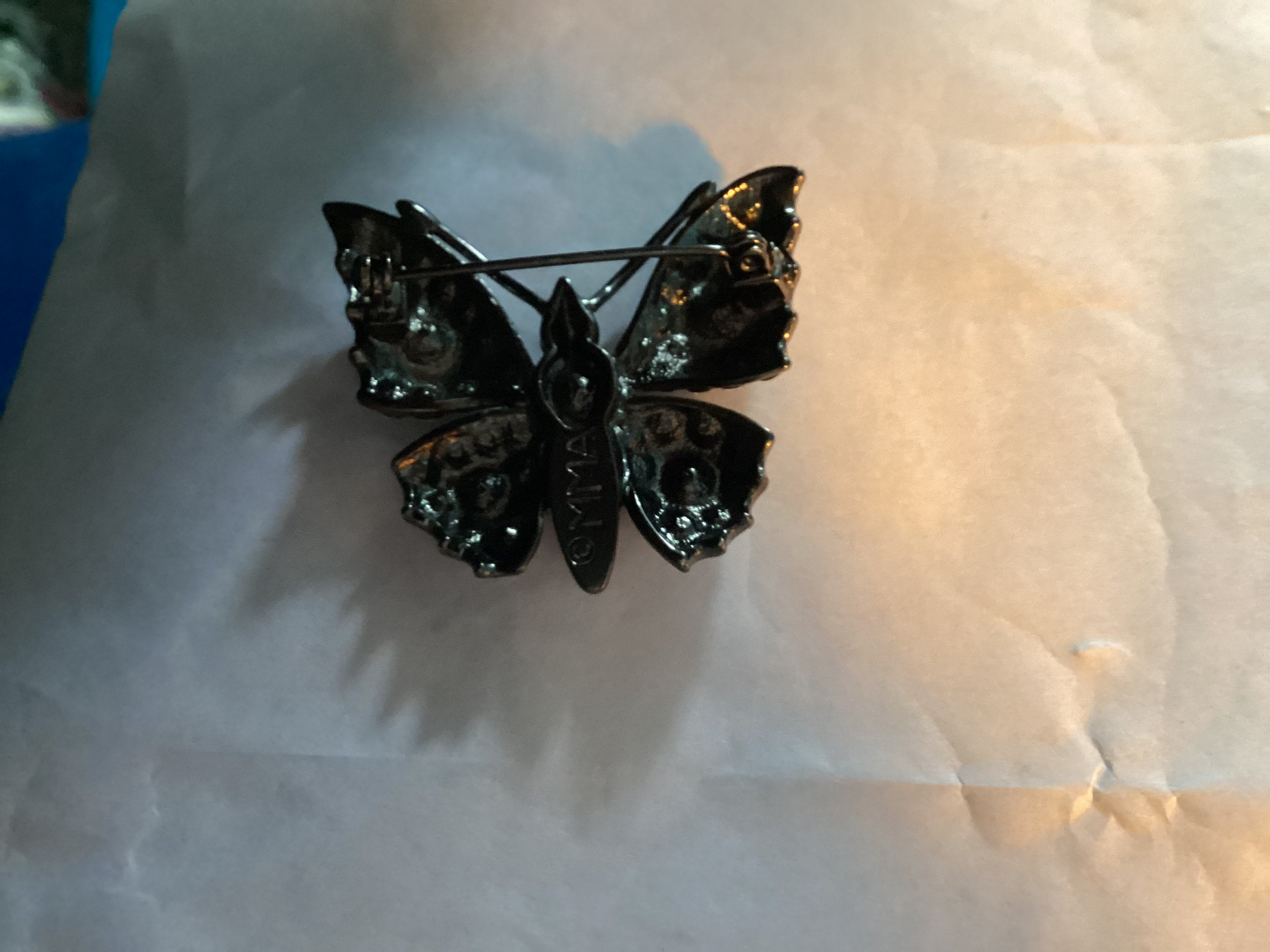 MMA Butterfly Brooch Pin Black Metal Swarovski Crystals , Red Cabochon ...