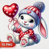 Whimsical Valentine Bunny Clipart – Cute Love Rabbit PNG Set (digital ...