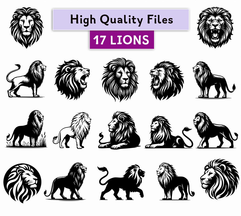 17 Lions SVG Bundle, Lion Svg, Lion DXF, Lion Silhouette, Lion PNG ...