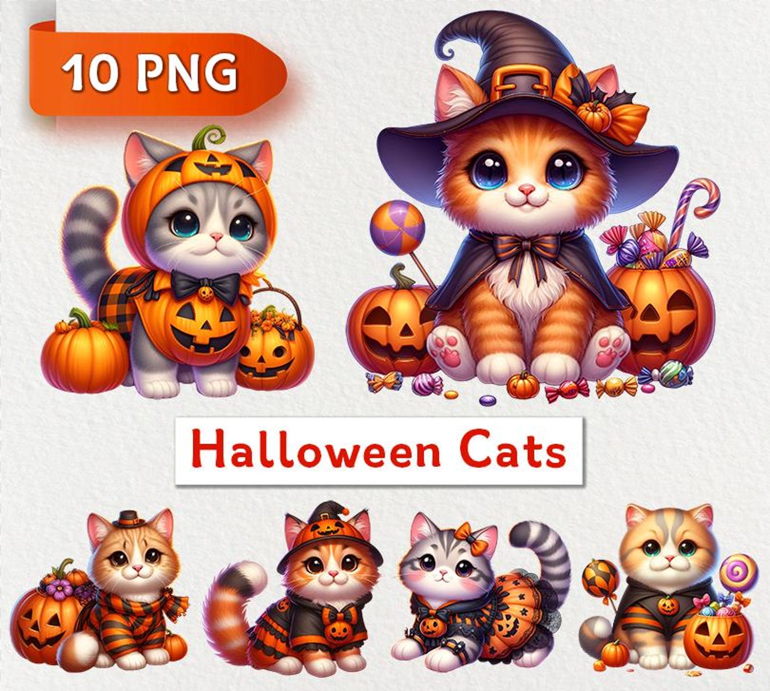 10 Halloween Cats for Sublimation, Halloween Cats Clipart, Watercolor ...