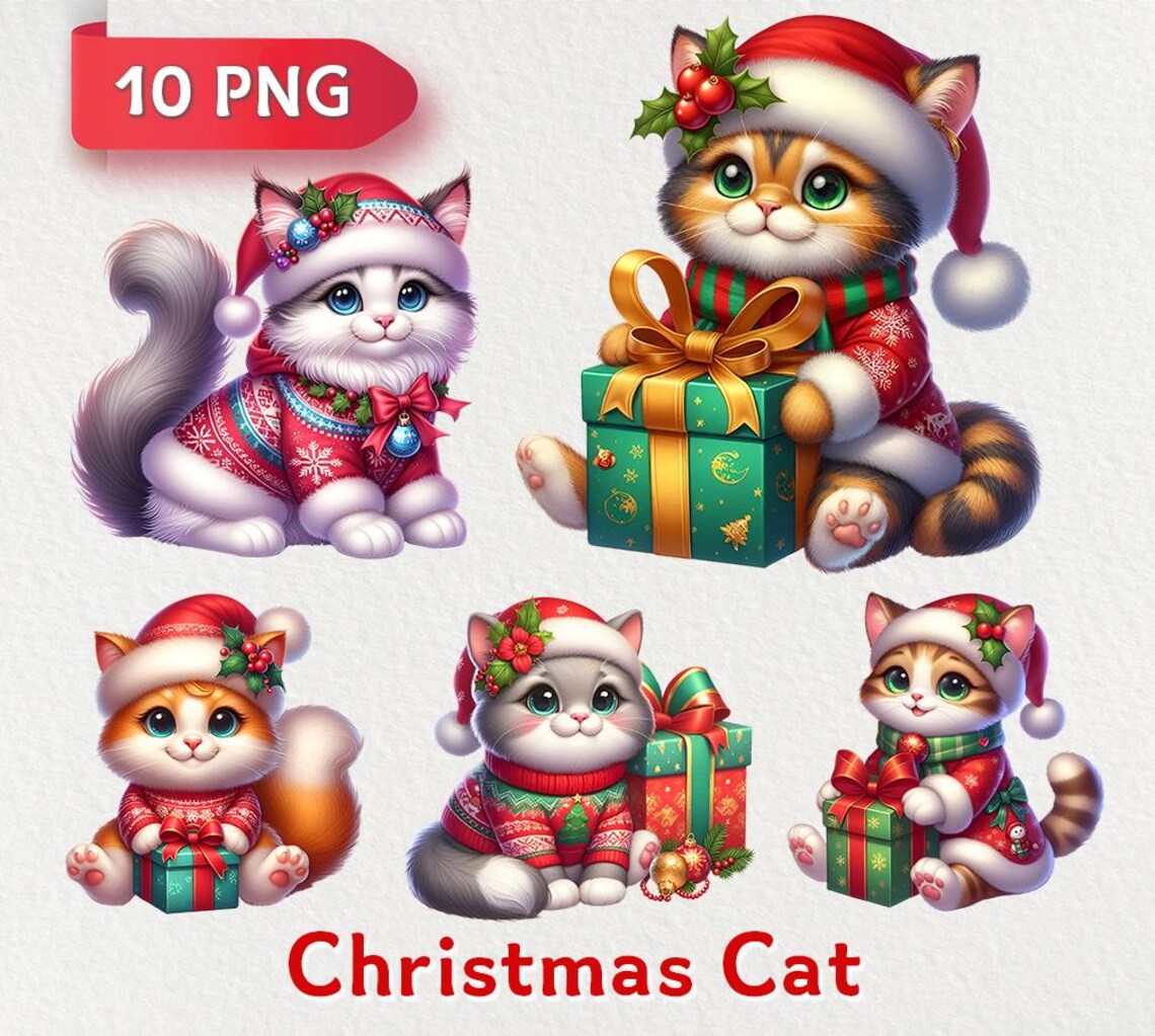 10 Christmas Cats Clipart Bundle, Cute Christmas Cat PNG, Animals PNG ...