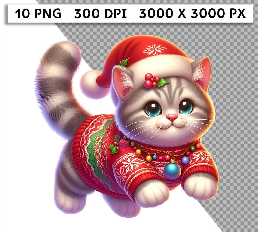 10 Christmas Cats Clipart Bundle, Cute Christmas Cat PNG, Animals PNG ...