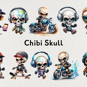 20 Watercolor Chibi Skull Clipart PNG: Graffiti Design (digital ...