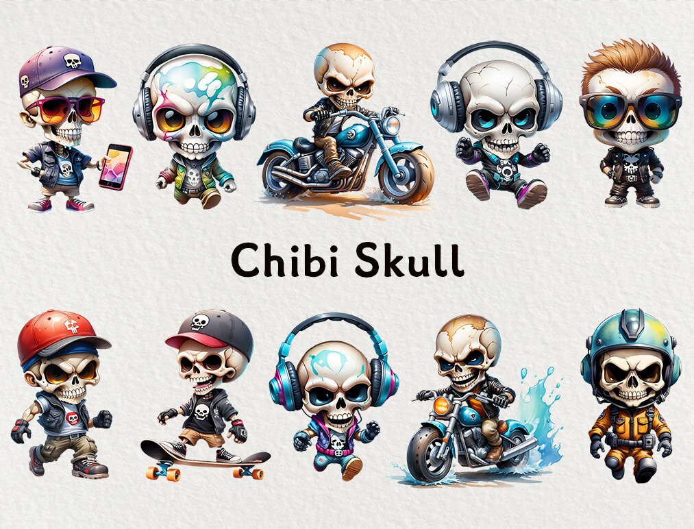 20 Watercolor Chibi Skull Clipart PNG: Graffiti Design (digital ...