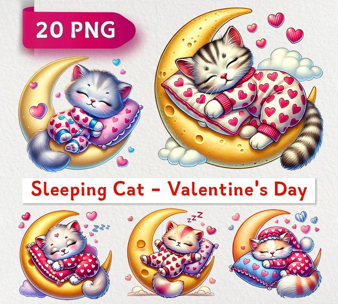 20 PNG Sleepy Cats Clipart, PNG Set With a Sleeping Cat for Valentine's ...
