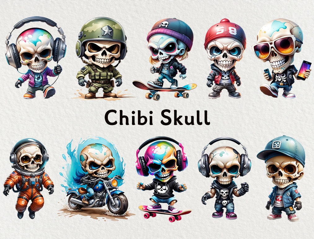 20 Watercolor Chibi Skull Clipart PNG: Graffiti Design (digital ...