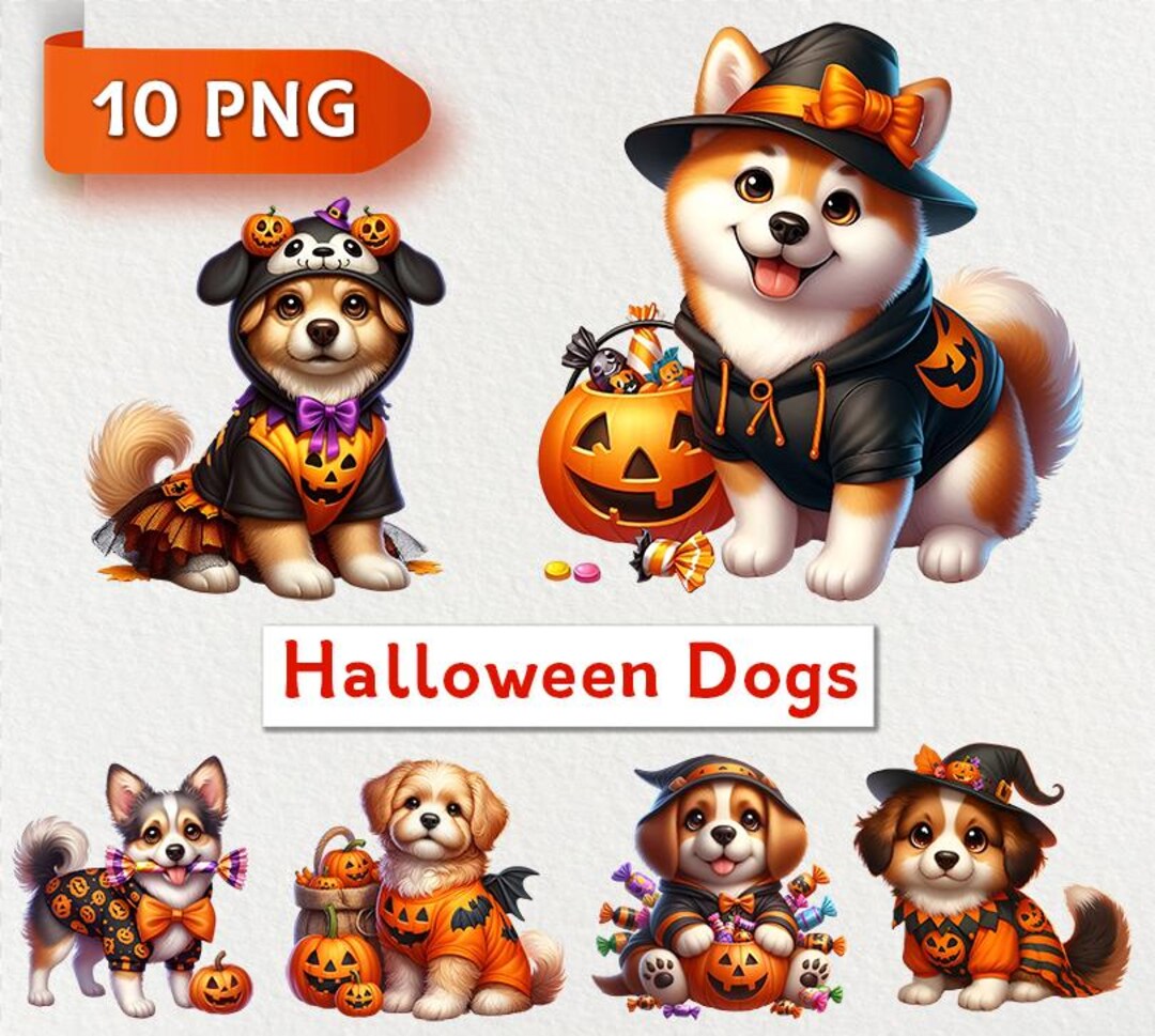 Watercolor Halloween Dogs Clipart: 10 PNG Illustrations (digital ...