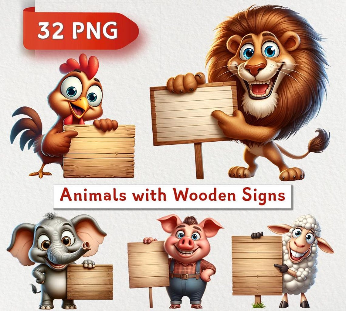 32 Animals With Wooden Signs Clipart, Cartoon Animals With Wooden Signs ...