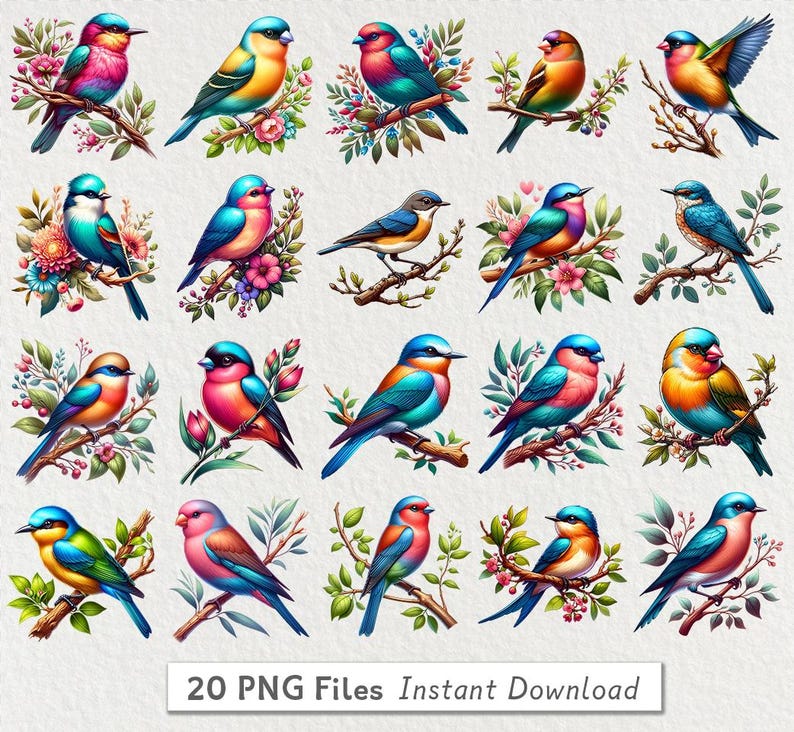 20 PNG Spring Birds, Floral Birds Clipart, Watercolor Spring Birds ...