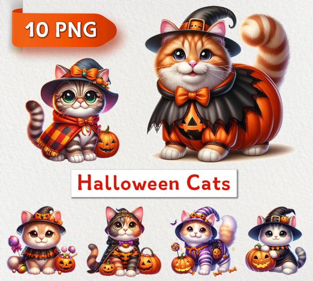 10 Halloween Cats Clipart, Halloween Kittens Bundle, Watercolor Spooky ...