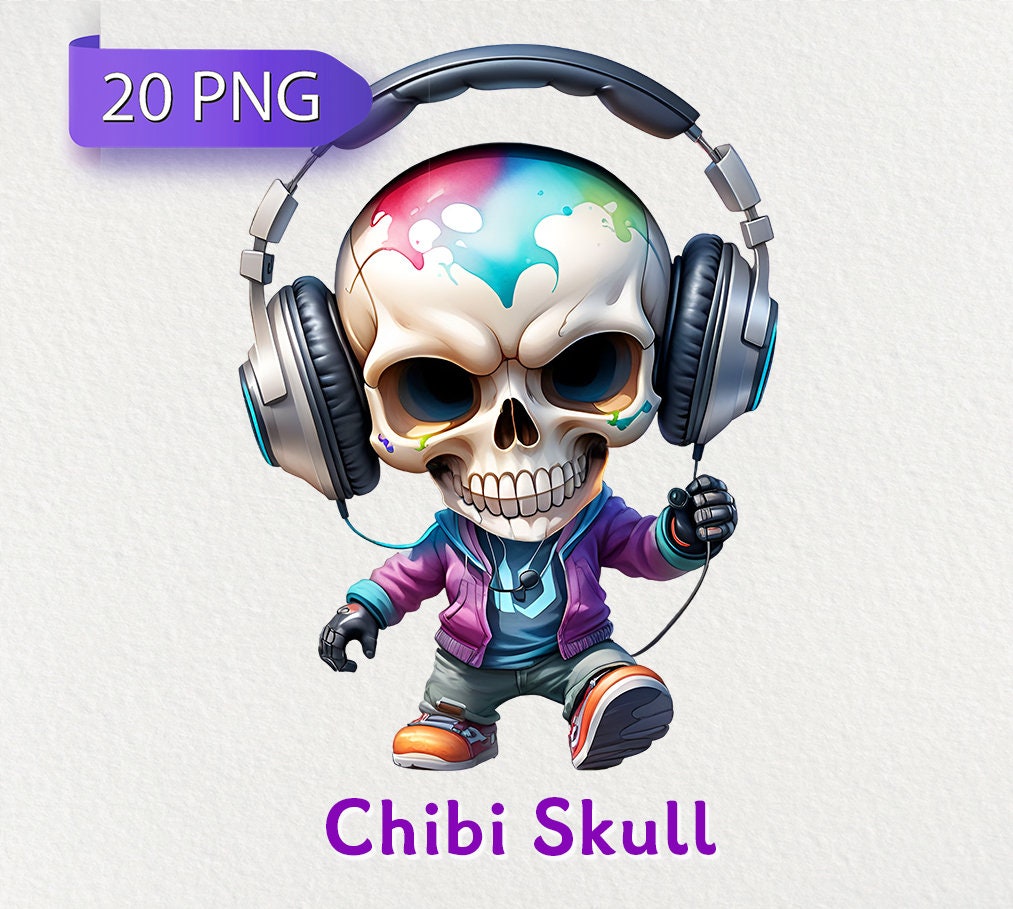 20 Watercolor Chibi Skull Clipart PNG: Graffiti Design (digital ...