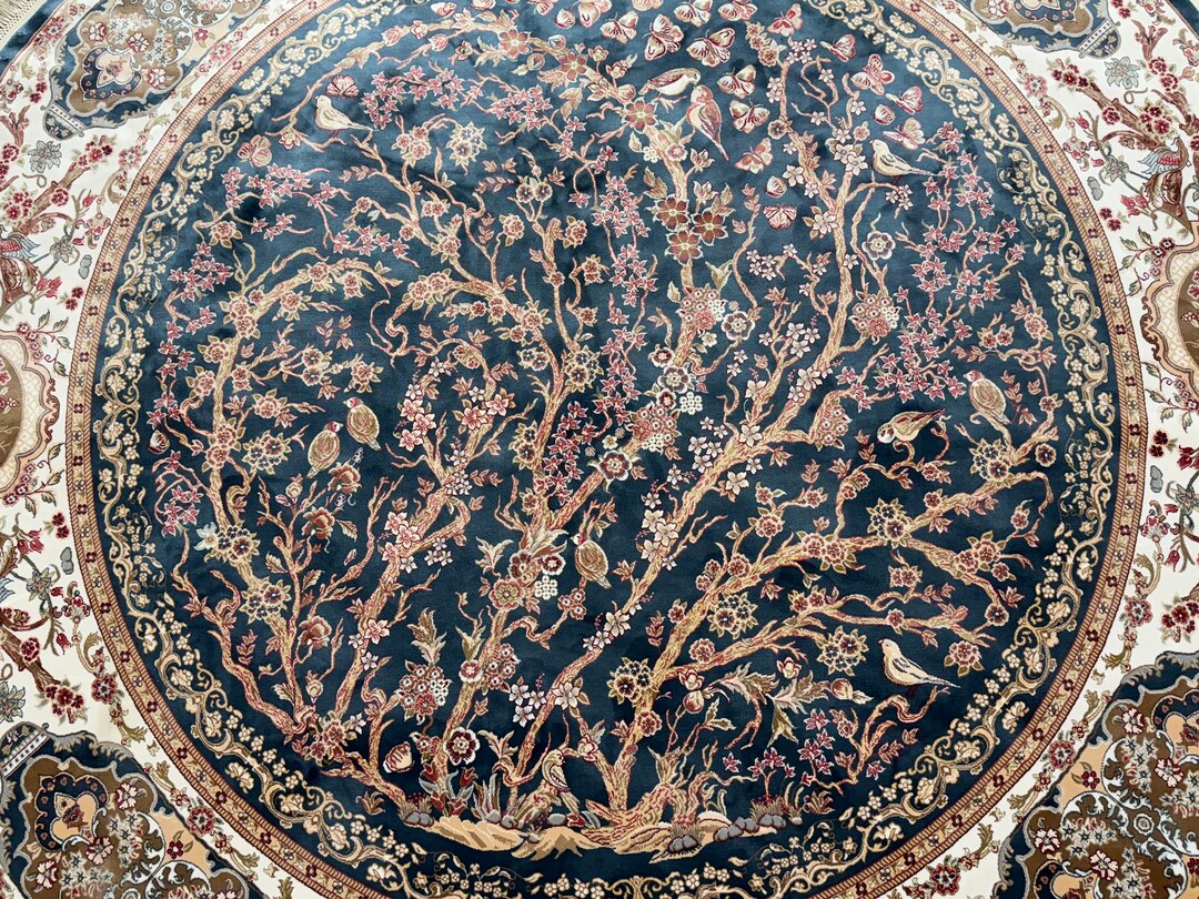 7x7 Tree of Lİfe Pattern Rug, Circle Blue Rug, Bamboo Silk Rug, Round ...