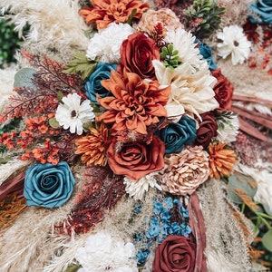 Orange and Teal Eucalyptus and Pampas Wedding Arch Arrangement Flowers ...