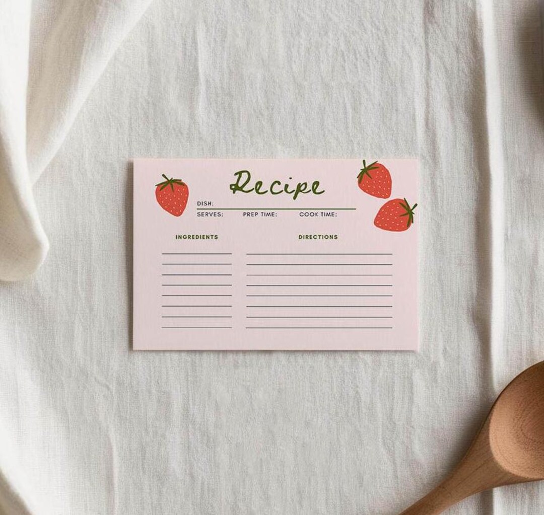 EDITABLE Recipe Card Template, Strawberry Recipe Card, Digital Recipe ...
