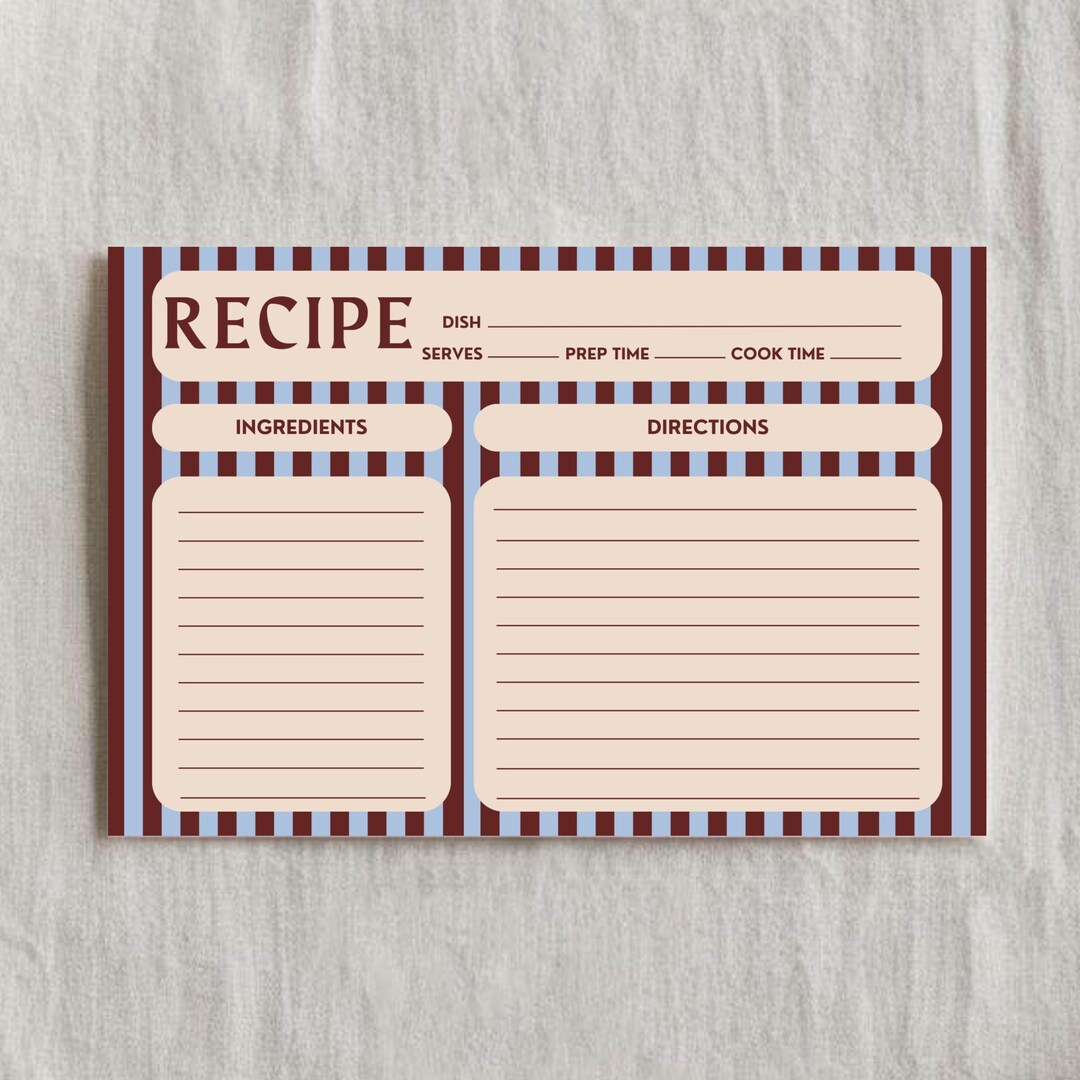 EDITABLE Recipe Card Template, Striped Print Recipe Card, Digital ...