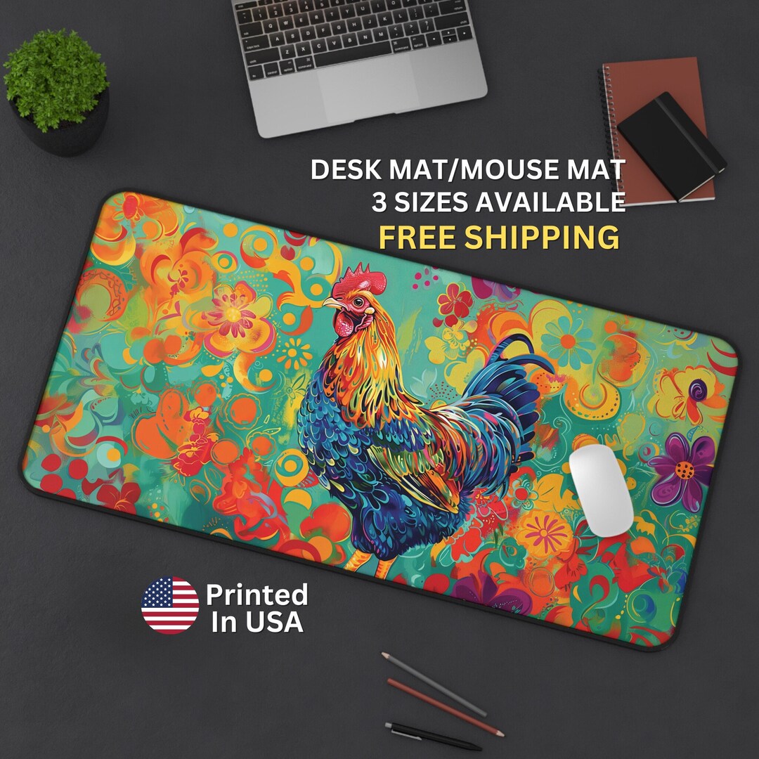 Colorful Rooster Desk Mat, Poultry Hen Floral Mouse Pad, Artistic ...