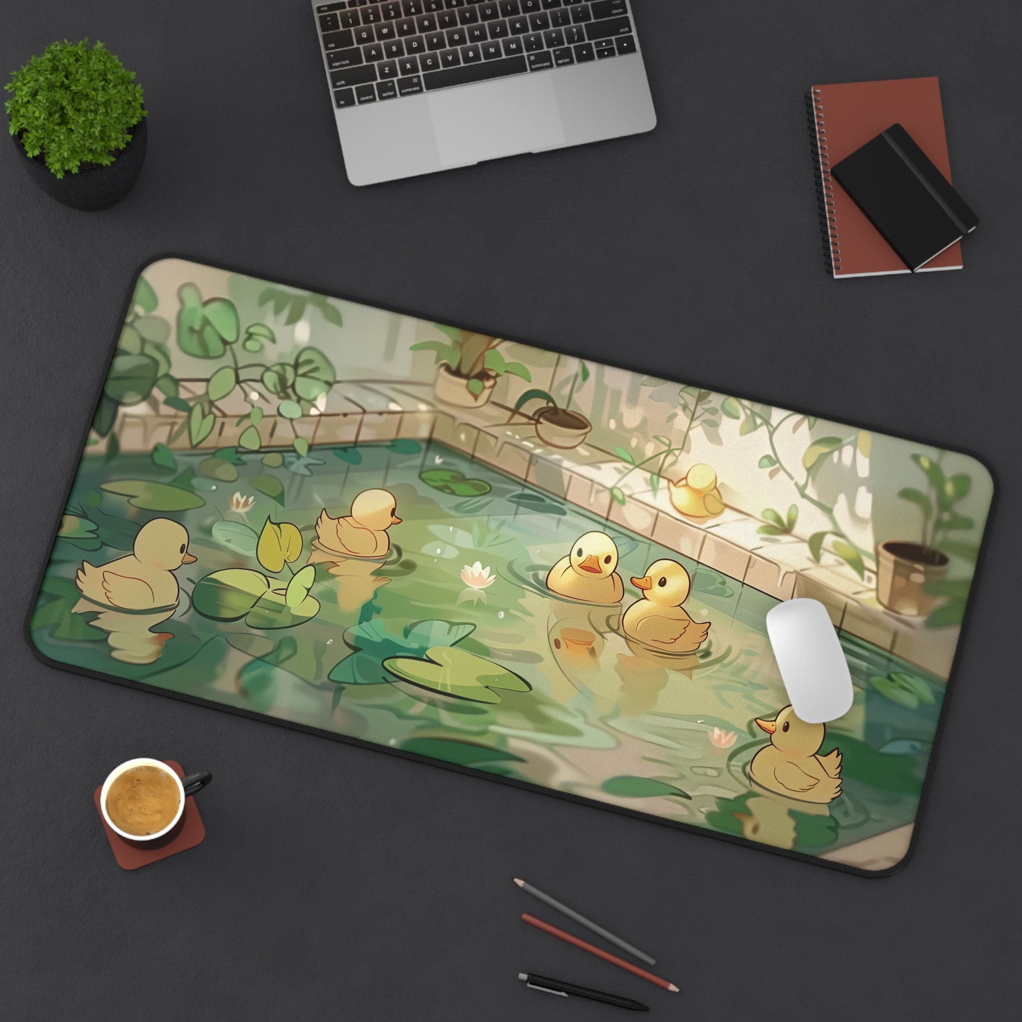 Kawaiiness Duck Pond Desk Mat, Lofi Anime Desk Decor, Cute Deskmat for ...