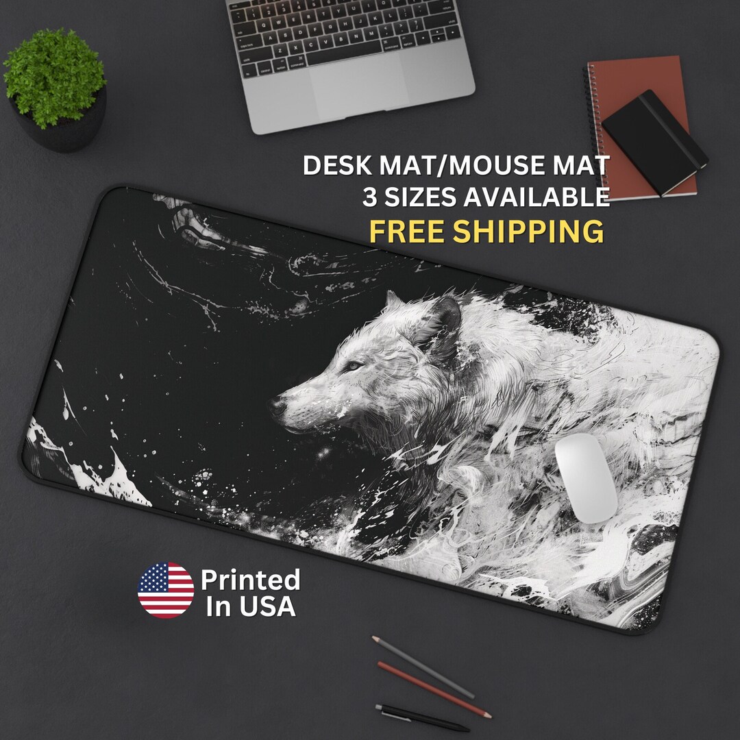 Monochrome Wolf Desk Mat, Artistic Office Mouse Pad, Black & White ...
