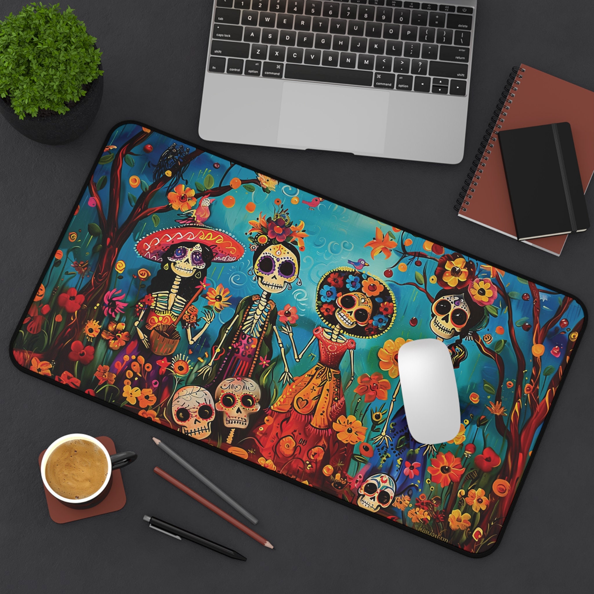 Mexican Day of the Dead Desk Mat, Whimsical Frida Mouse Pad, Vibrant ...