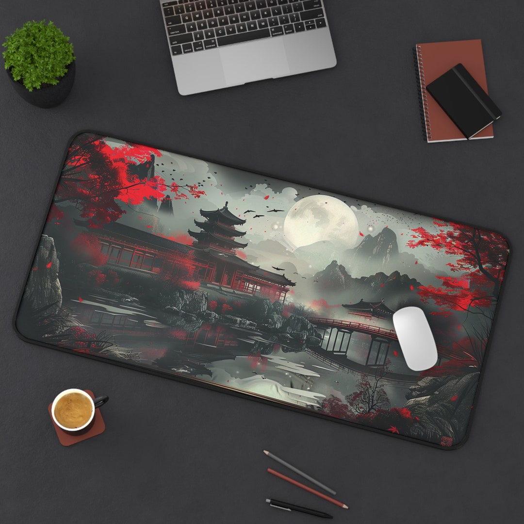 Oriental Landscape Desk Mat, Japanese Office Decor, Red Black Moon ...
